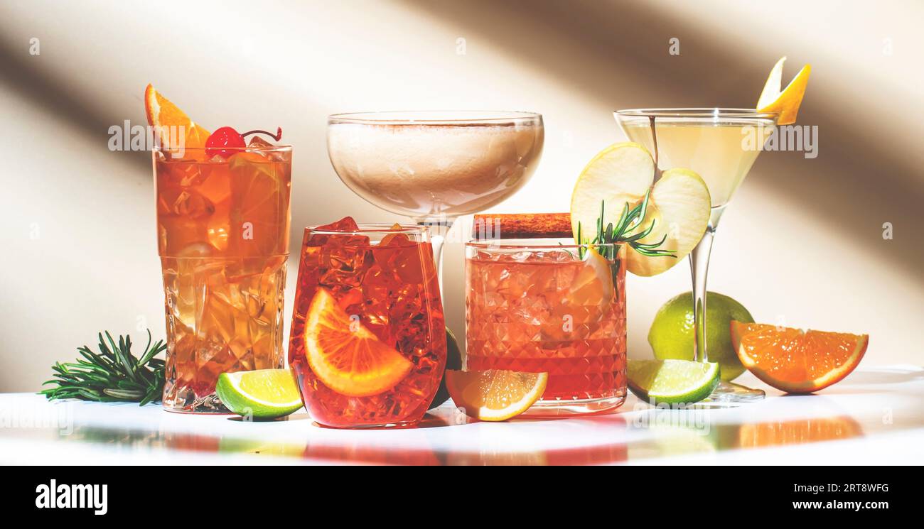Cocktail party. Low alcohol fruity and citrus drinks with gin, vodka ...