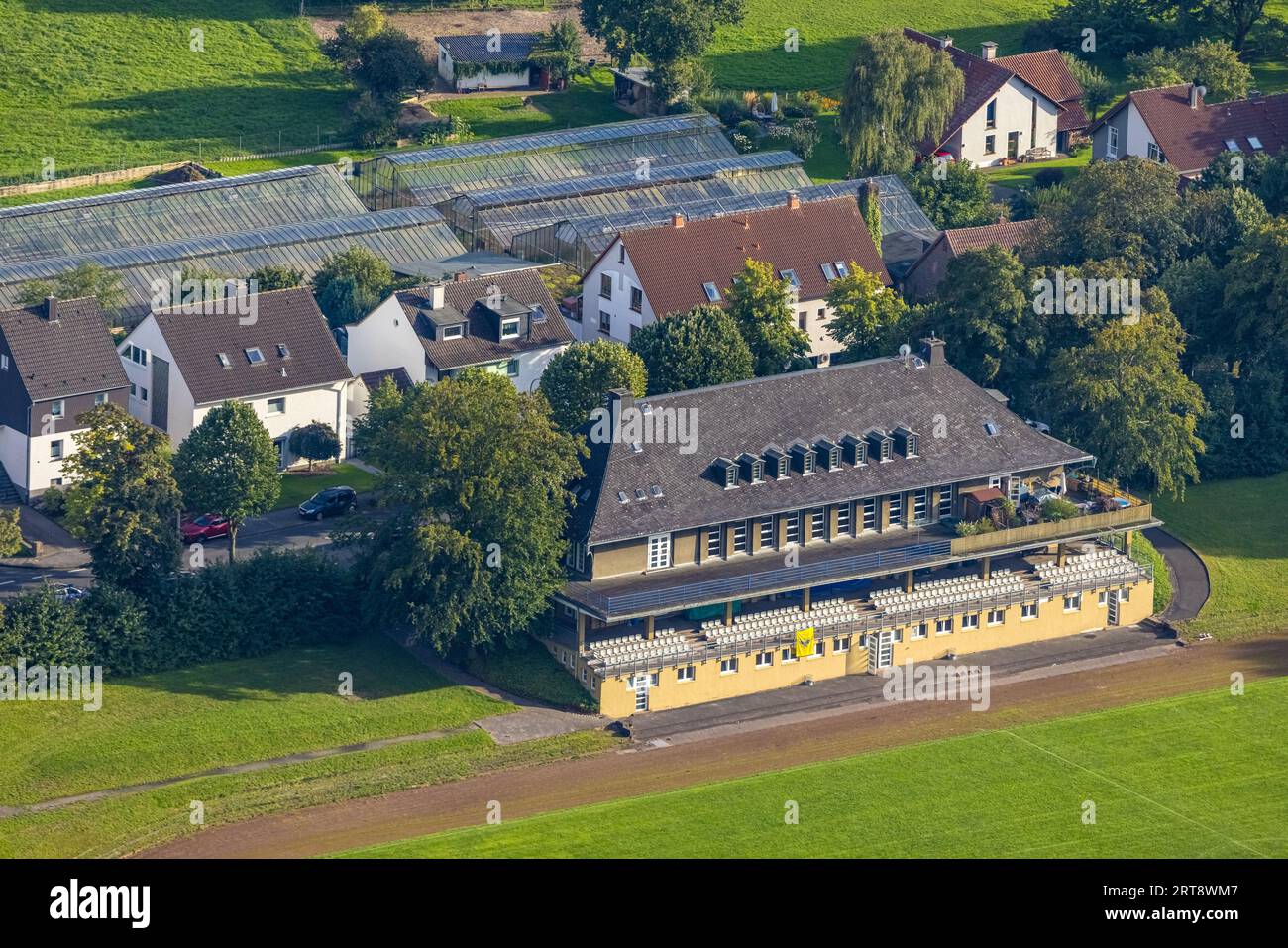 Aerial view, Boelerheide battlefield and clubhouse, Boele, Hagen, Ruhr ...