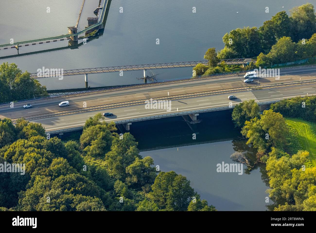 Aerial view, freeway bridge of A1 freeway, inflow of Volme river into ...