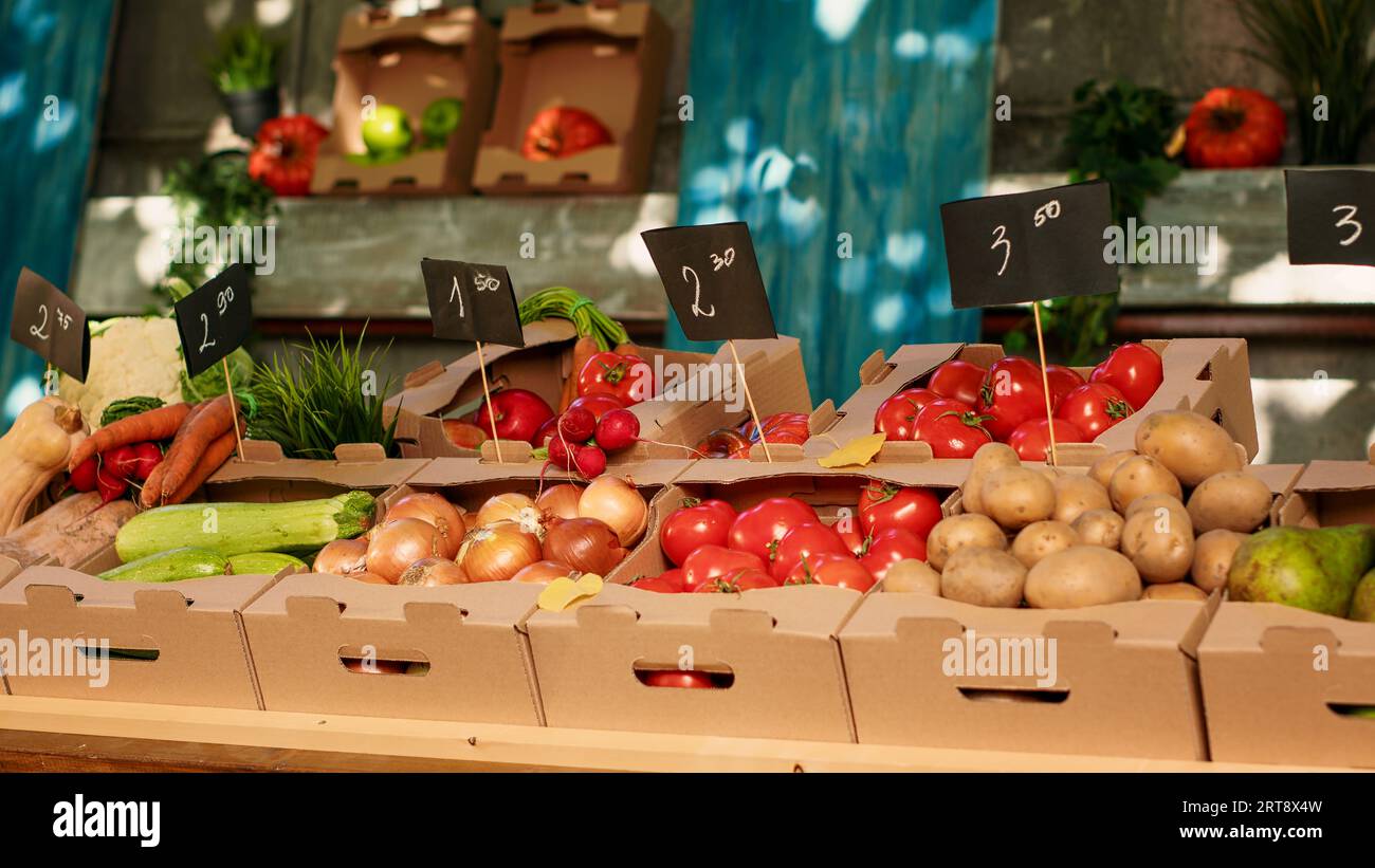 Natural colorful fresh fruits and veggies on display at farmers market ...