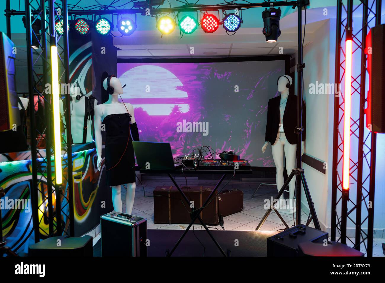 Musician equipment on stage prepared for techno music show in club at ...