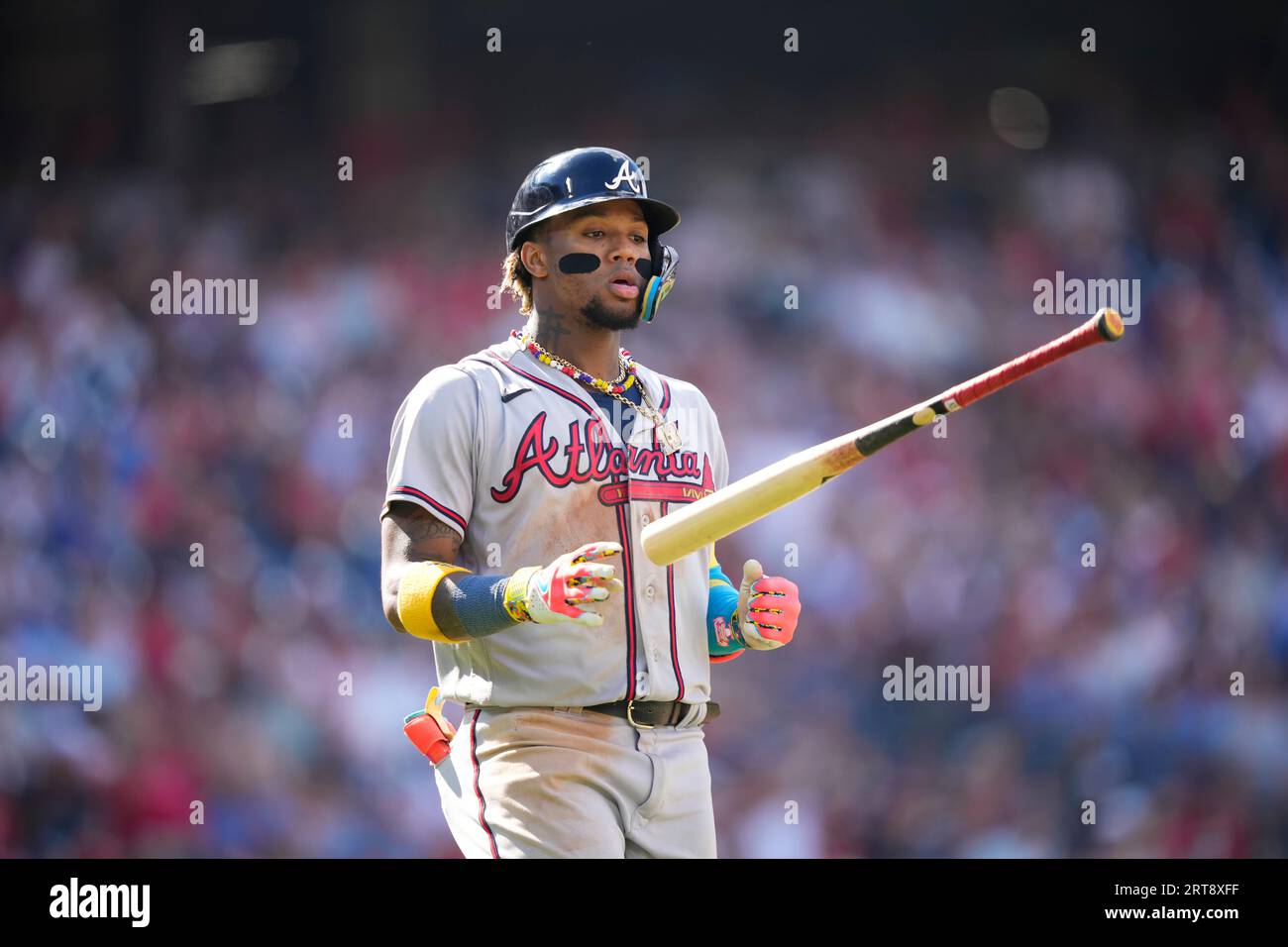 Atlanta Braves' Ronald Acuna Jr. reacts during the first baseball game ...