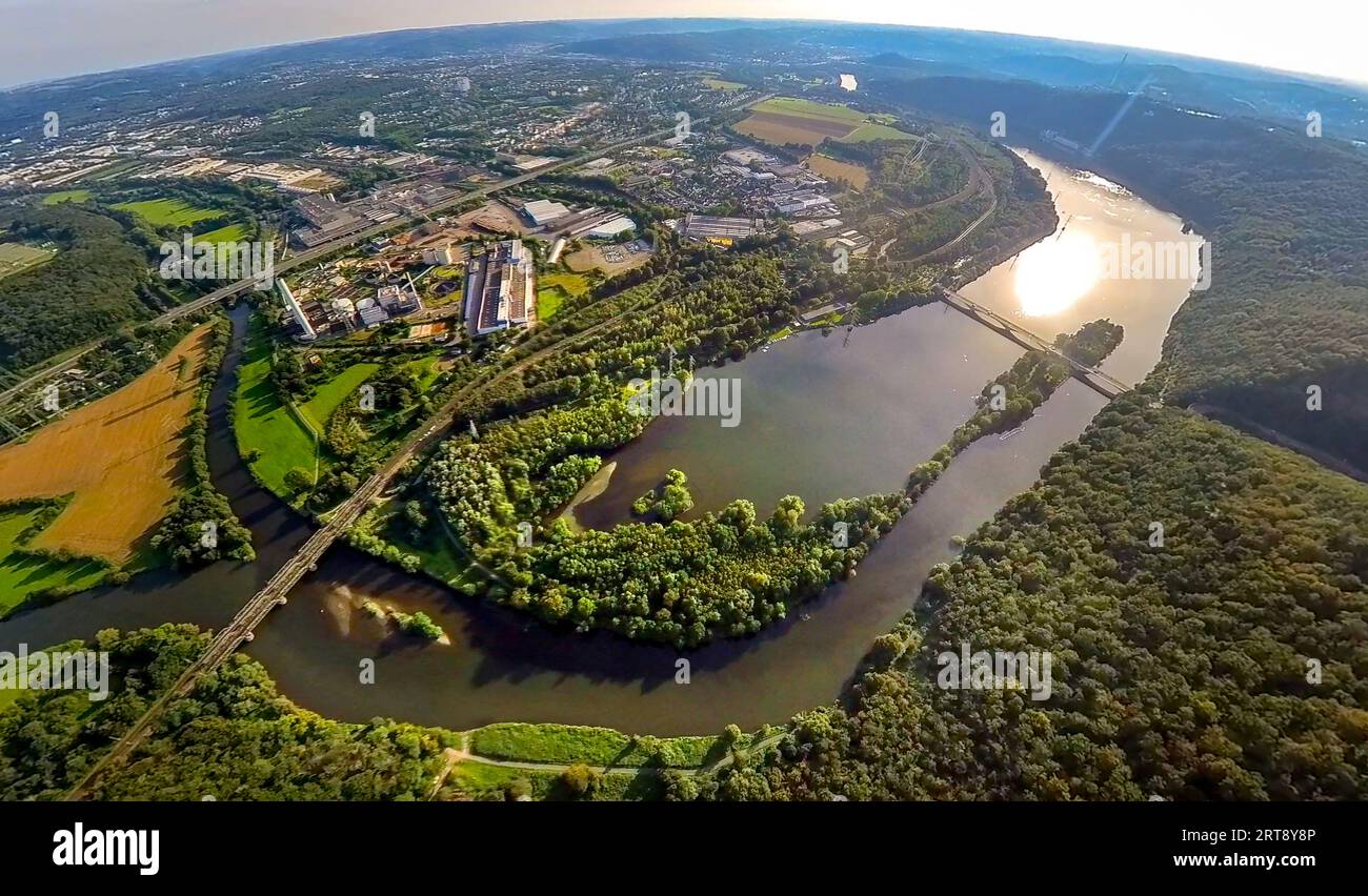 Aerial view, Hengsteysee with mouth of river Ruhr and mouth of river ...