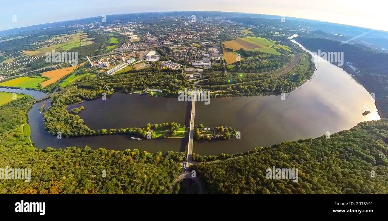 Aerial view, Hengsteysee with mouth of river Ruhr and mouth of river ...