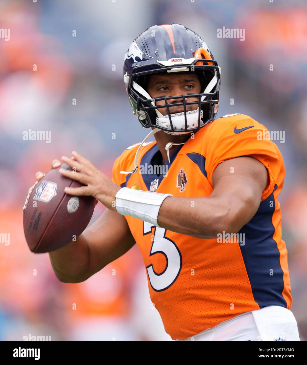 Denver Broncos quarterback Russell Wilson (3) warms up before the ...