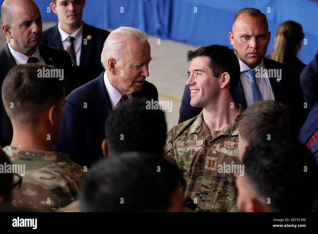 President Joe Biden greets service members at Joint Base Elmendorf-Richardson after he spoke to ...