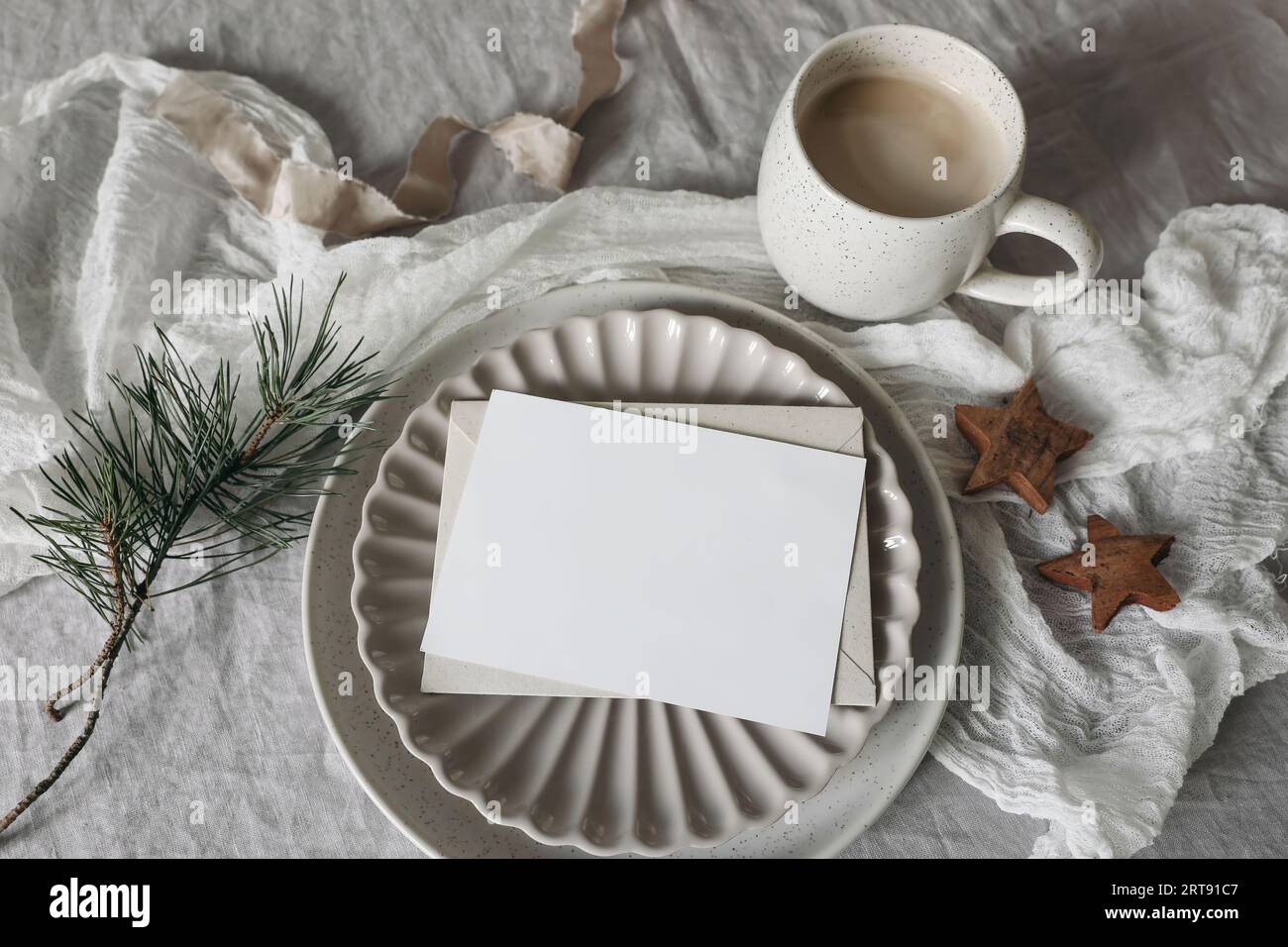 Christmas still life. Blank horizontal greeting card, invitation mockup ...
