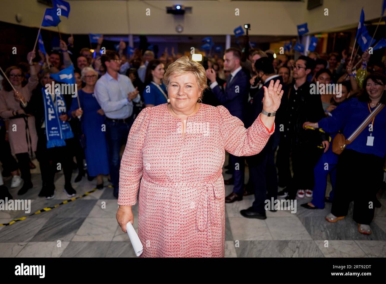 Former prime minister of Norway Erna Solberg waves at Høyre's election ...
