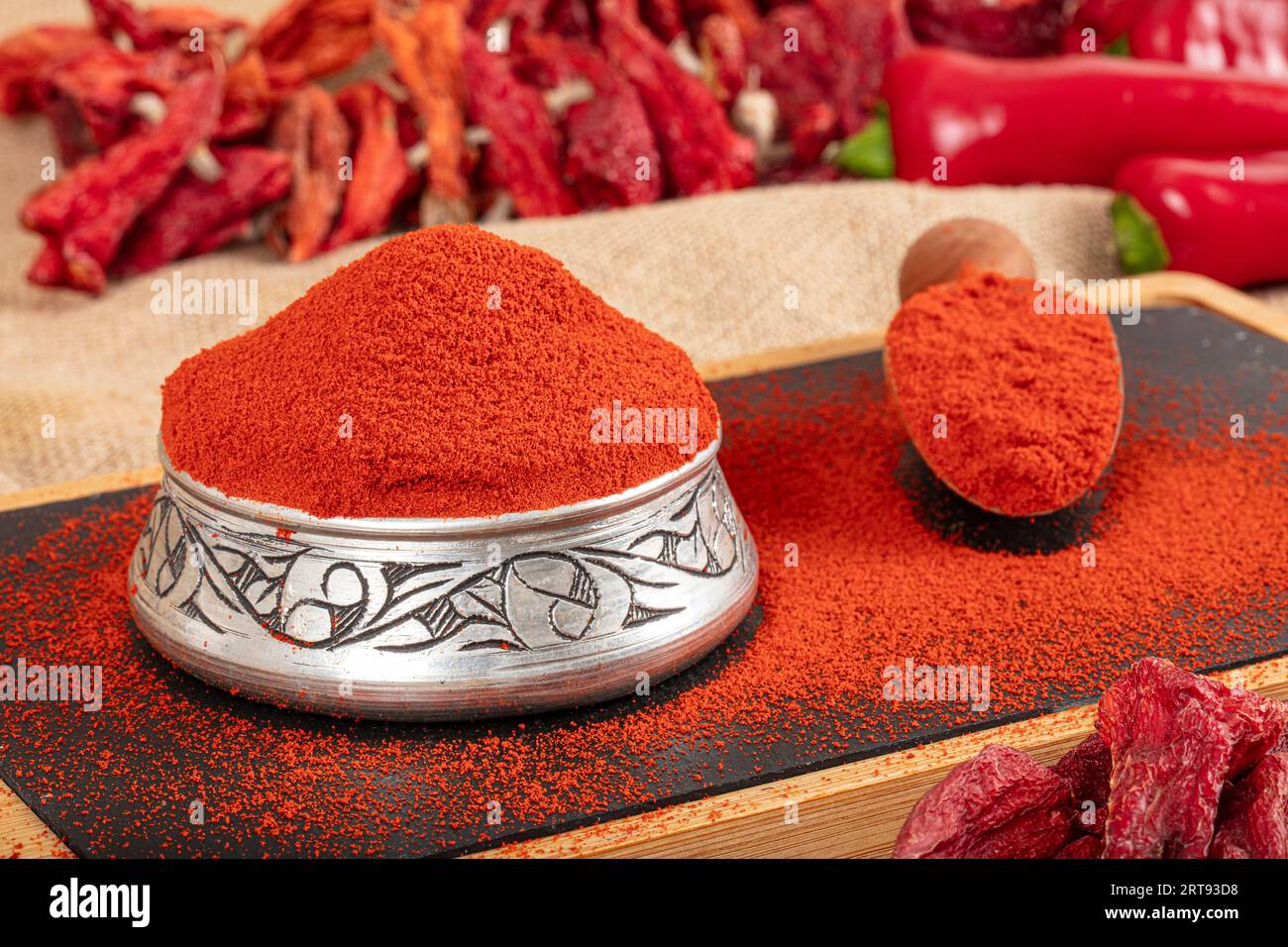 Red hot pepper powder. Red pepper powder all over the screen. Cayenne pepper. Paprika powder ...