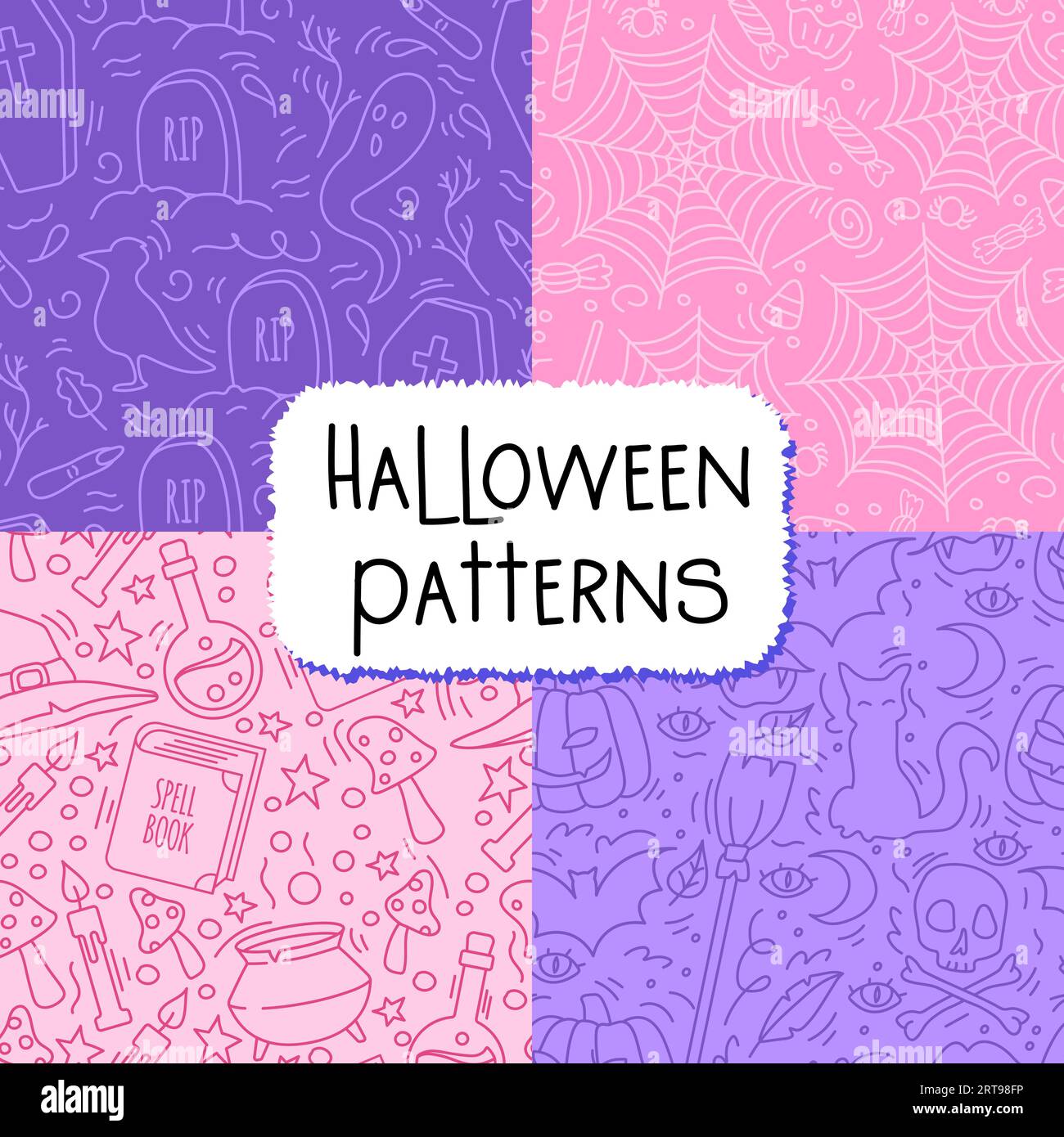 Set of Seamless purple pink Halloween patterns. Witchcraft spooky ...
