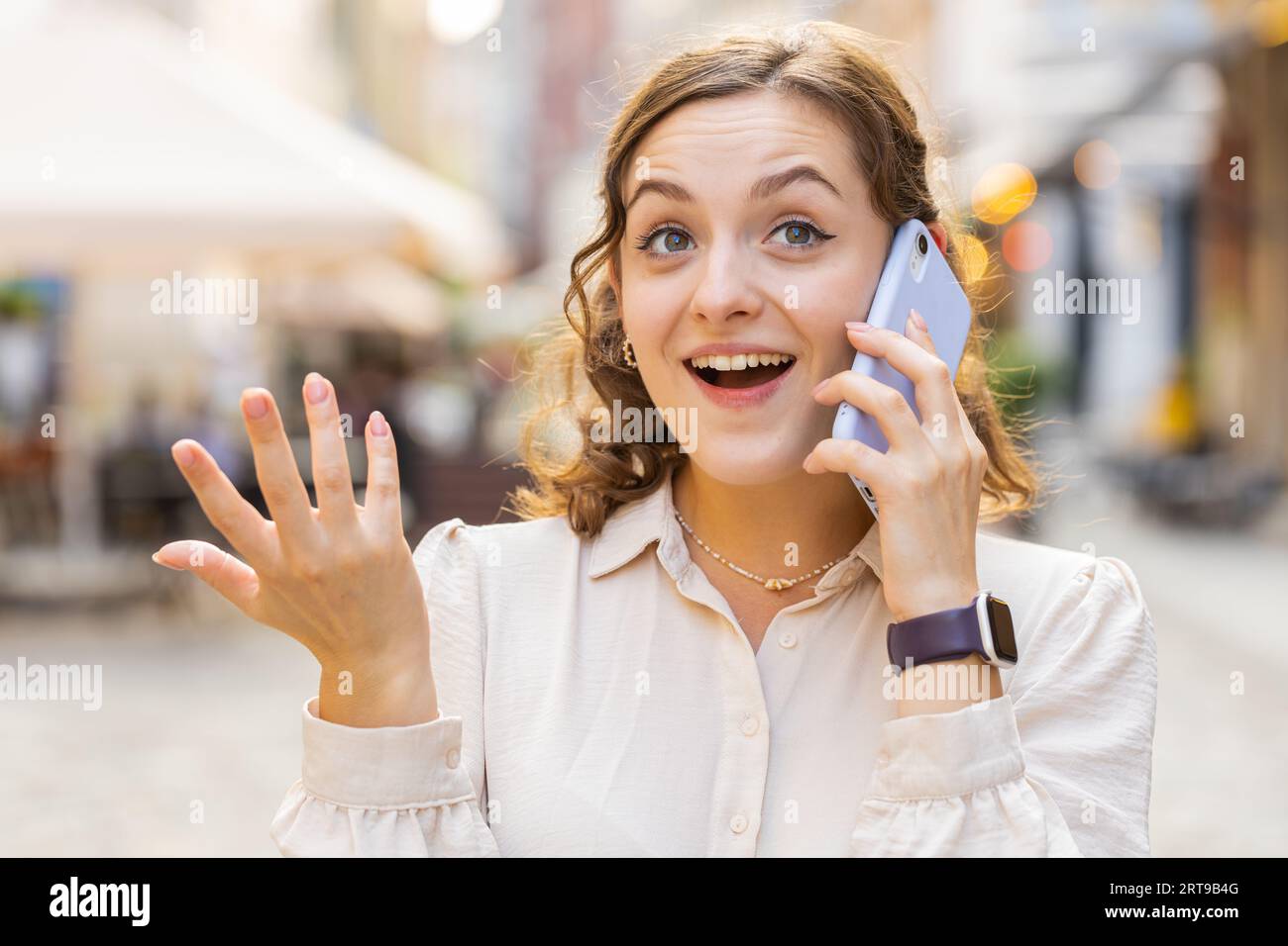 Happy pretty woman having remote conversation communicate speaking by ...