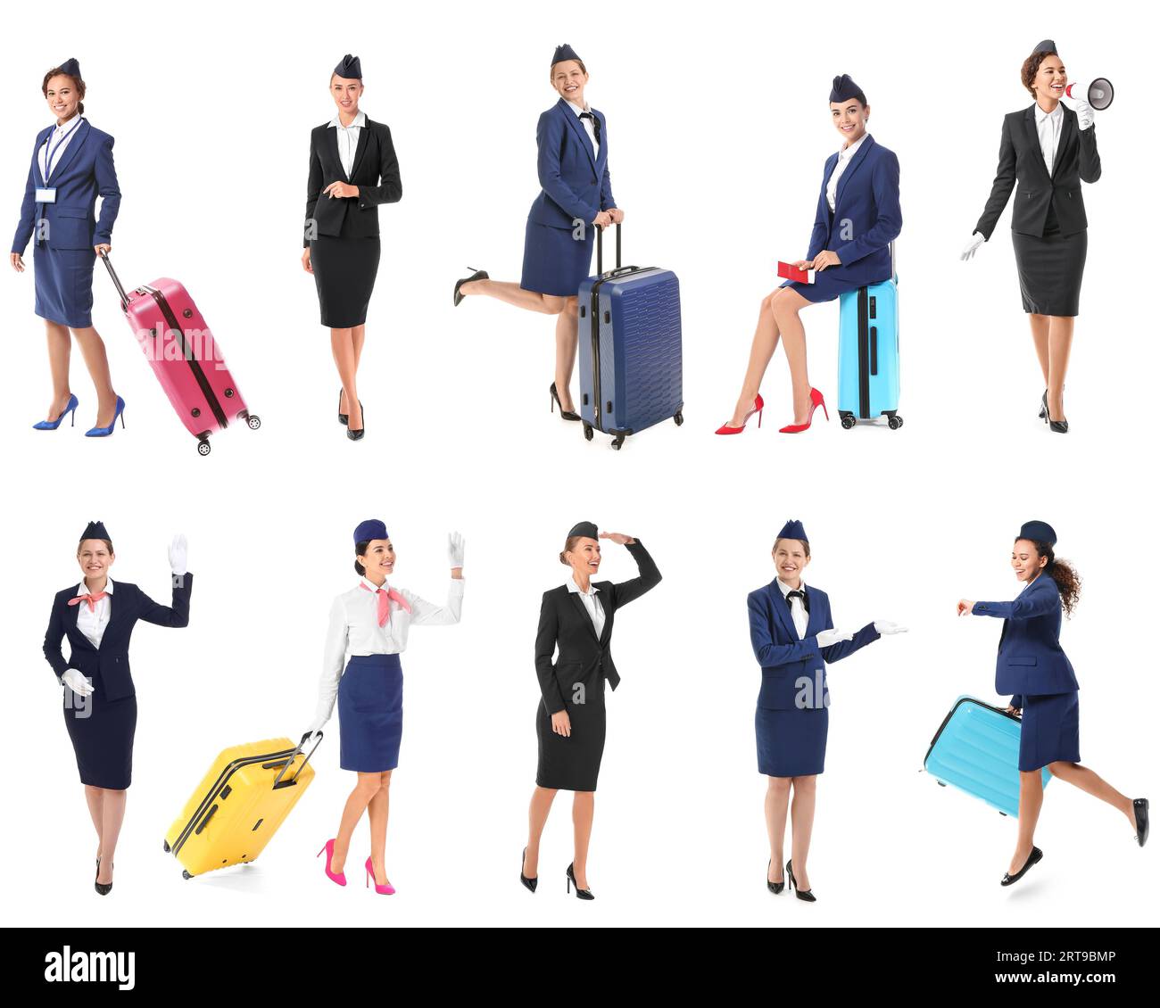 Set of beautiful stewardesses on white background Stock Photo - Alamy