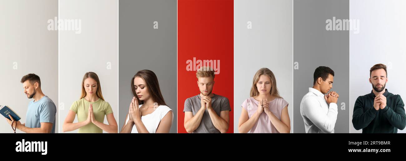 Set of many praying people on color background Stock Photo - Alamy