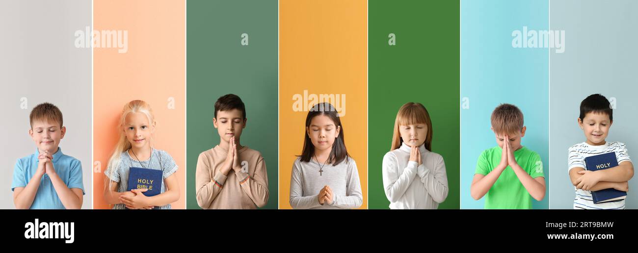 Set of different praying children on color background Stock Photo - Alamy