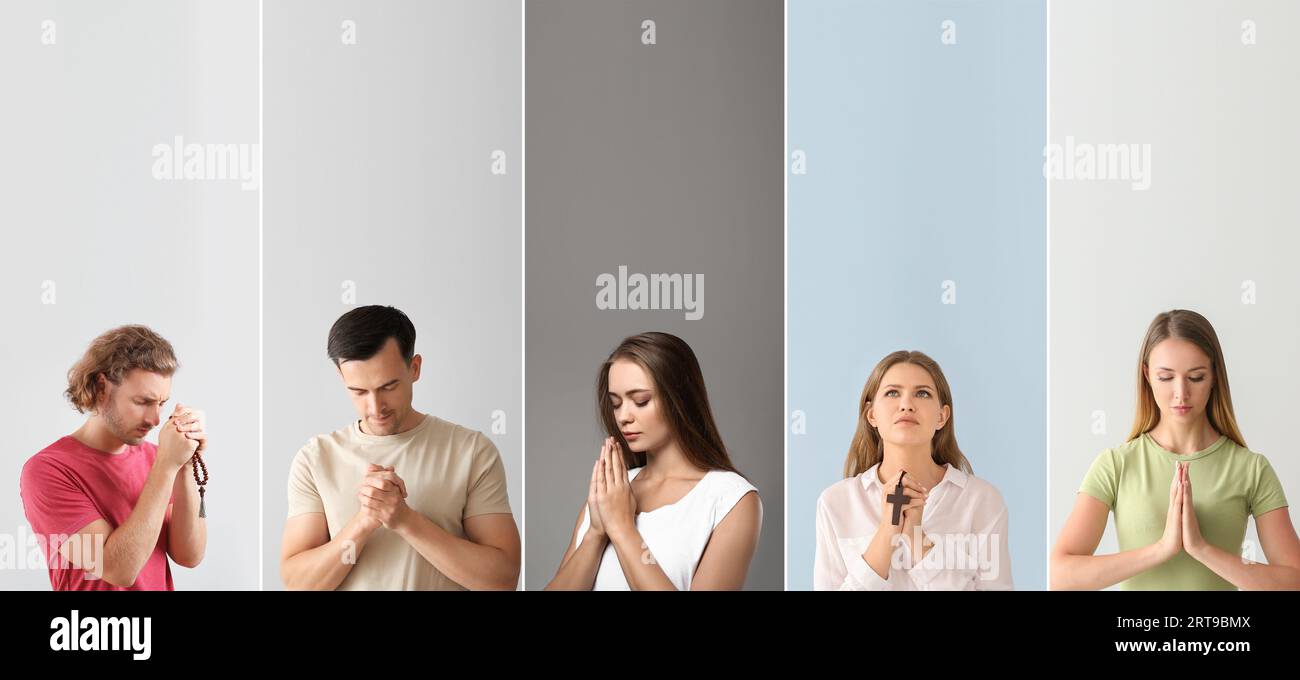 Set of different praying people on color background Stock Photo - Alamy