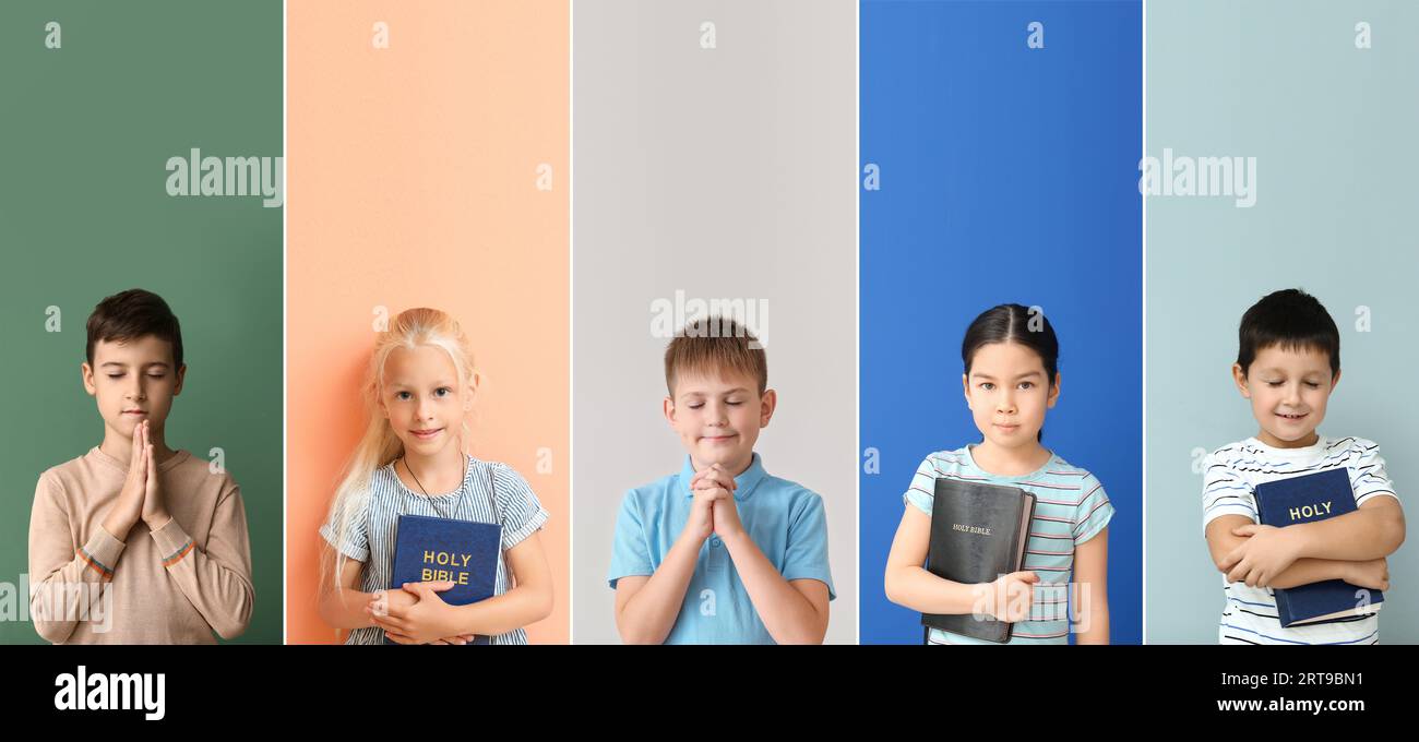Set of many praying children on color background Stock Photo - Alamy