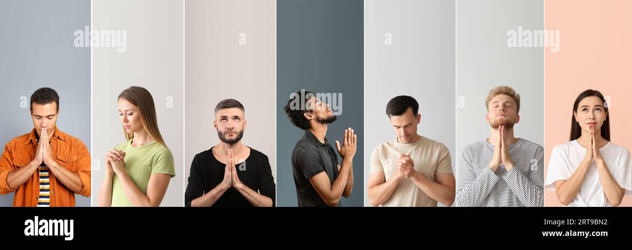 Set of praying people on color background Stock Photo - Alamy