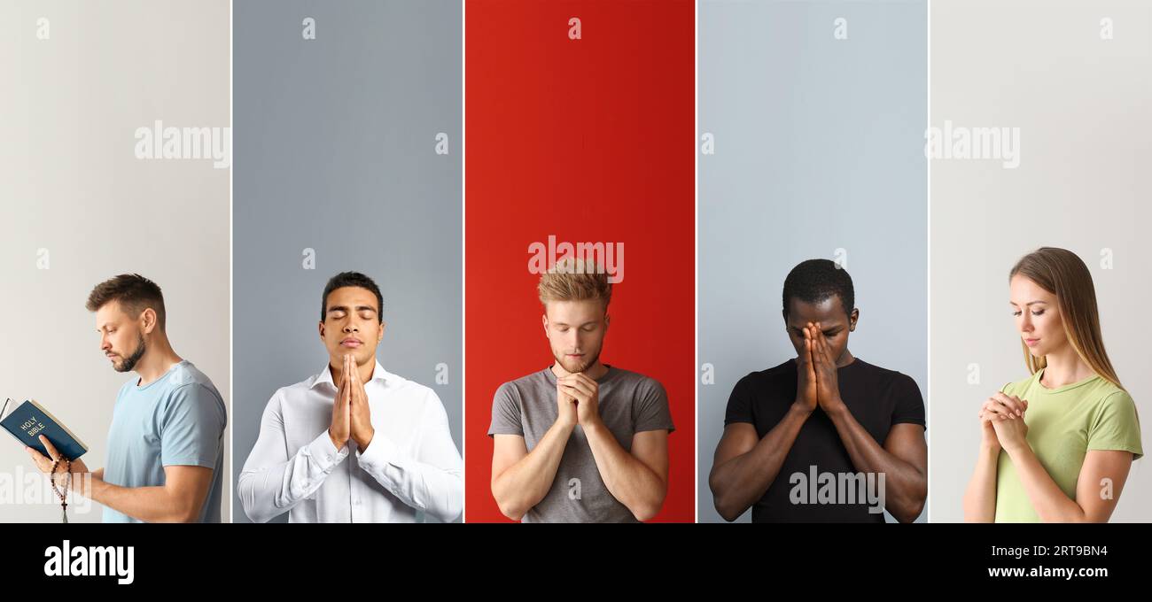 Set of praying people on color background Stock Photo - Alamy