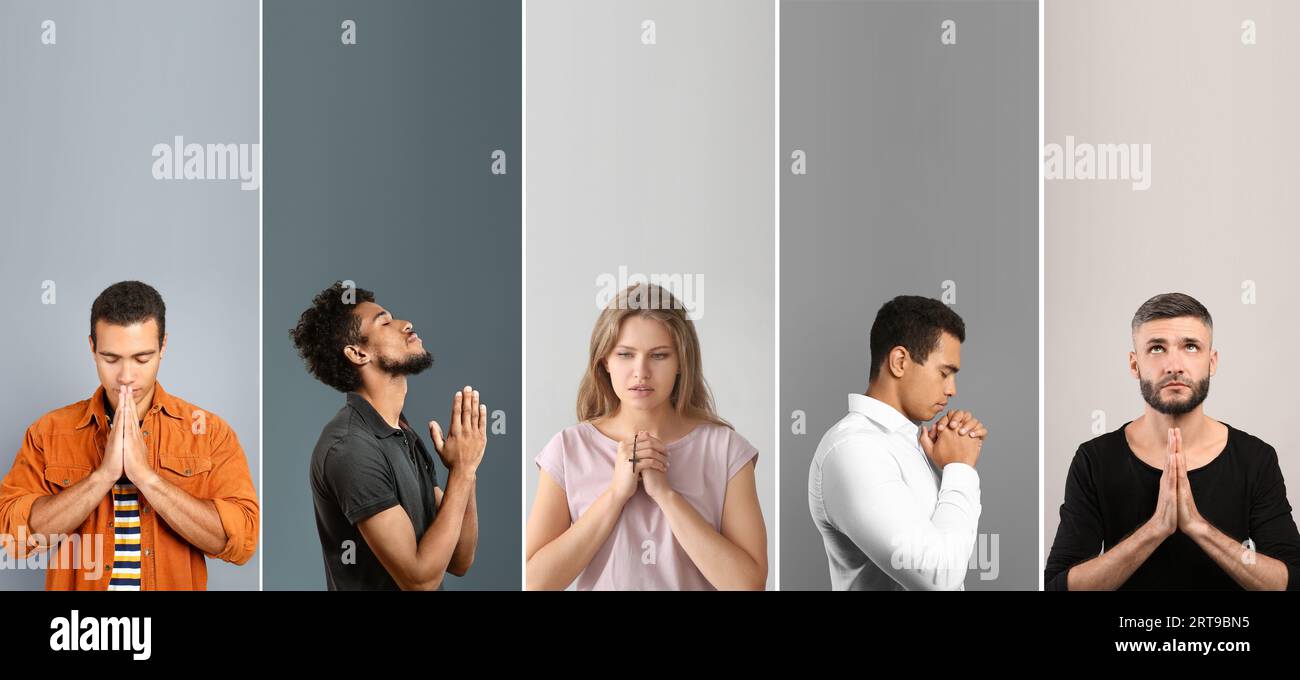 Set of praying people on color background Stock Photo - Alamy