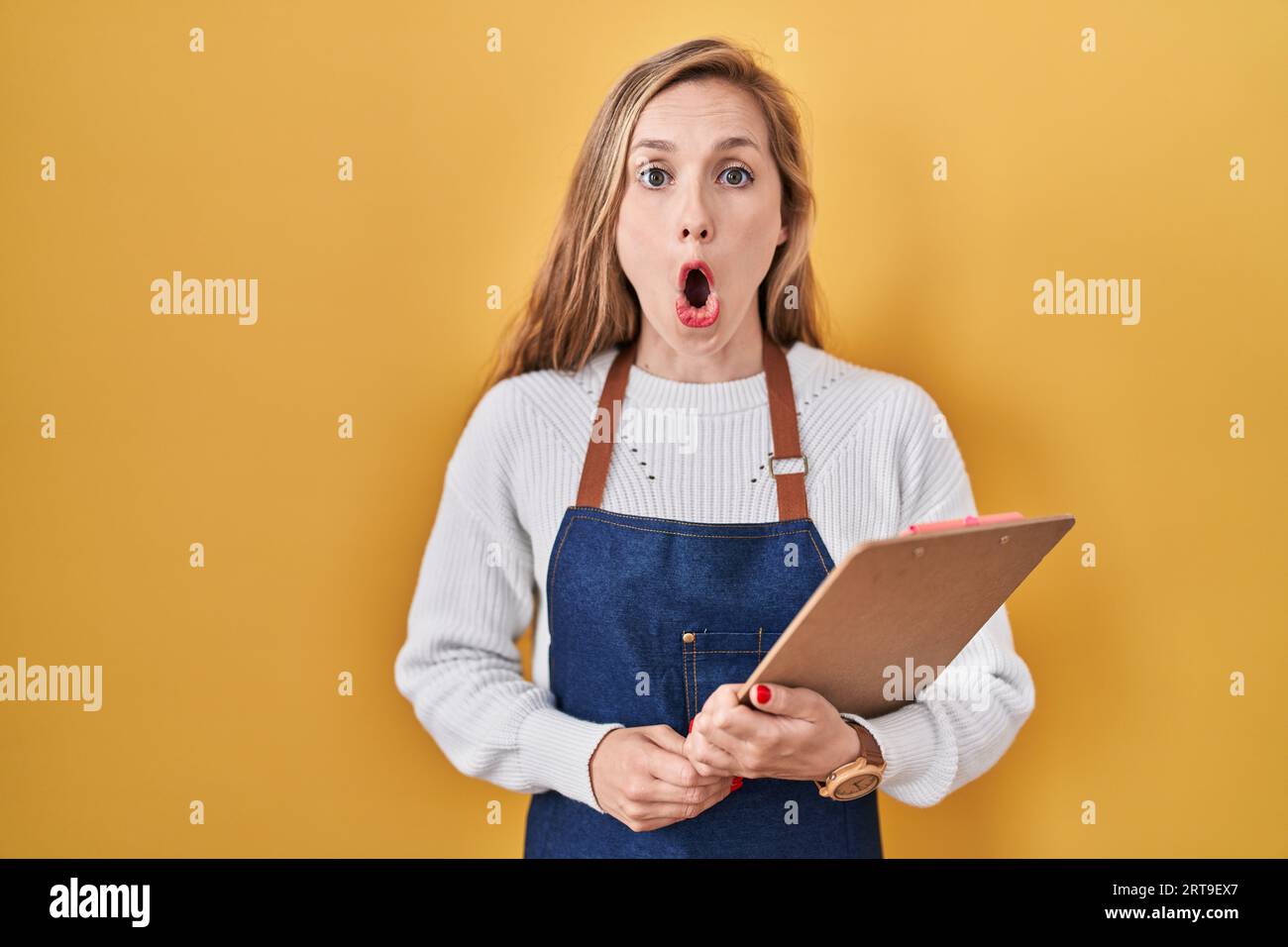 Young blonde woman wearing professional waitress apron holding ...