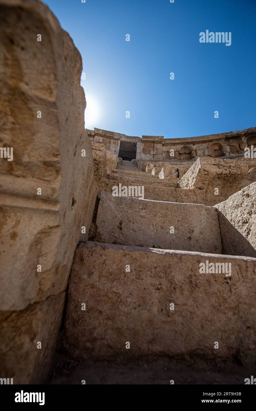Roman North Theater steep steps, Jerash archaeological site, Jordan ...