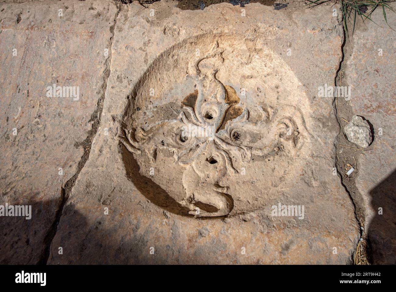 Symbol with four fishes at the feet of Nymphaeum monumental fountain ...
