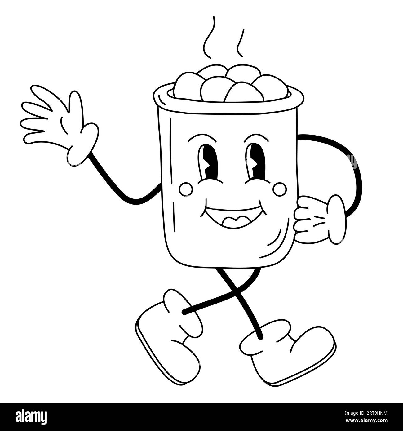 Groovy style hot chocolate cup cute cartoon character with face, arms ...