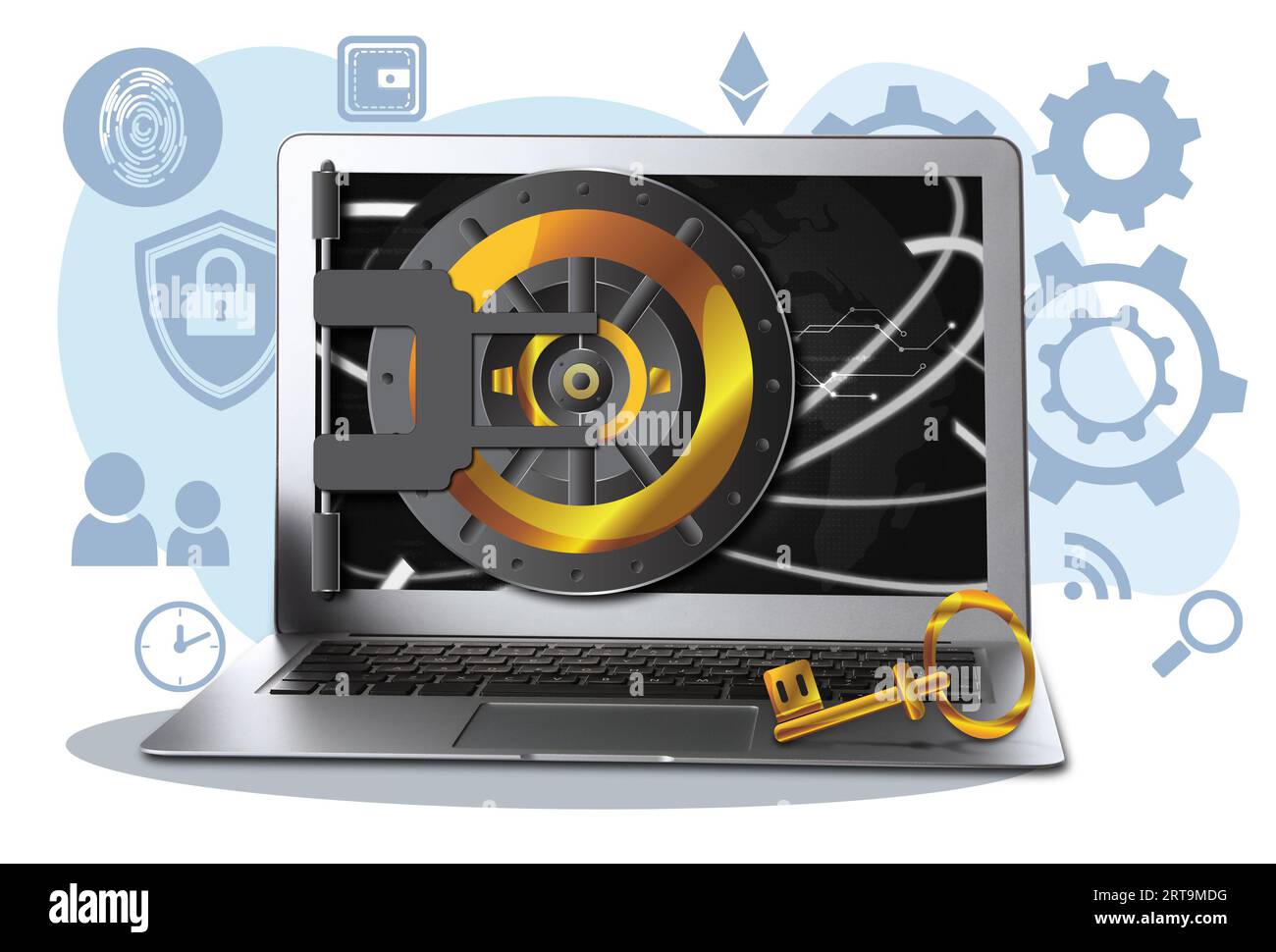 Digital inheritance concept. Laptop with illustration of vault door on ...