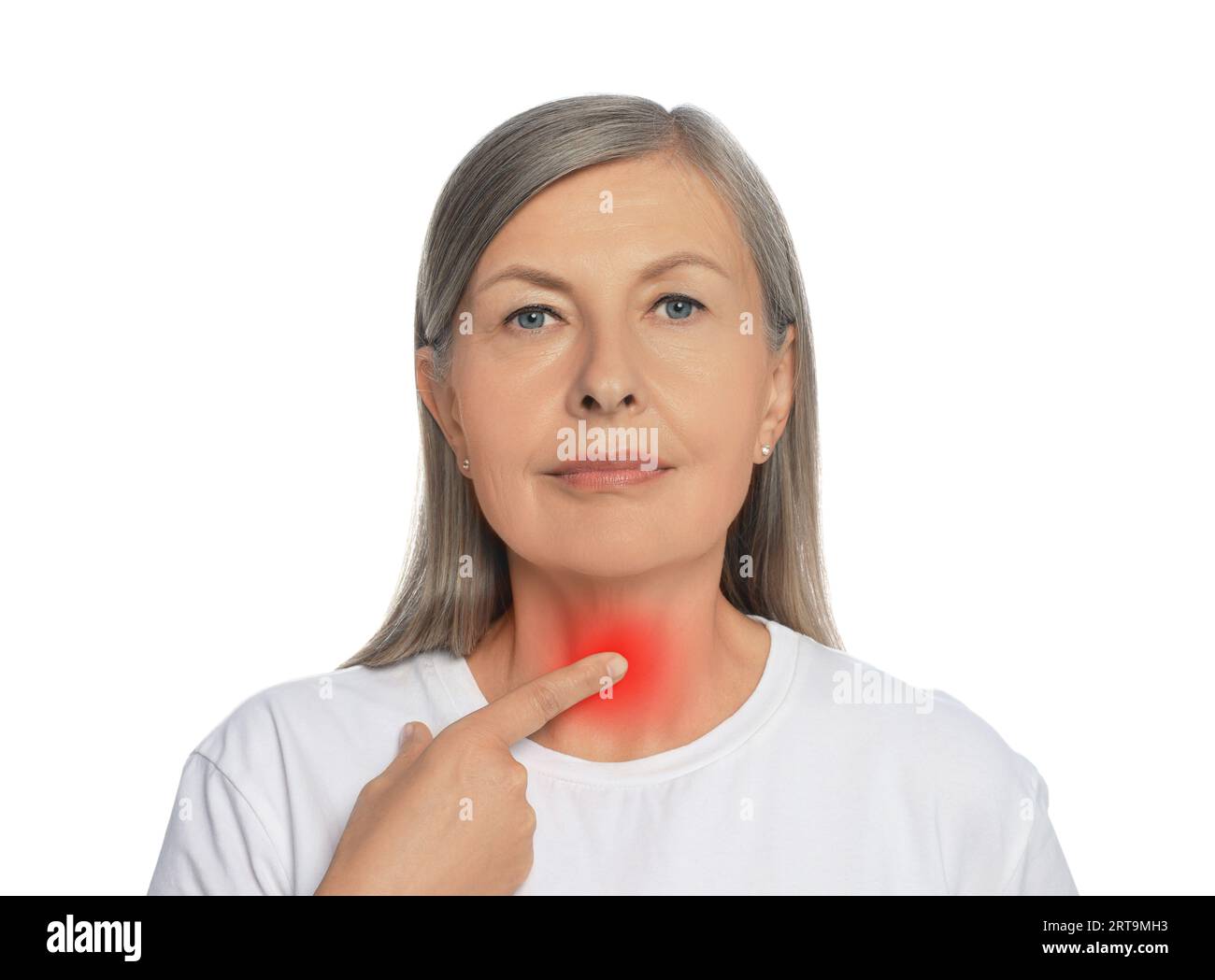 Endocrine system. Senior woman doing thyroid self examination on white ...