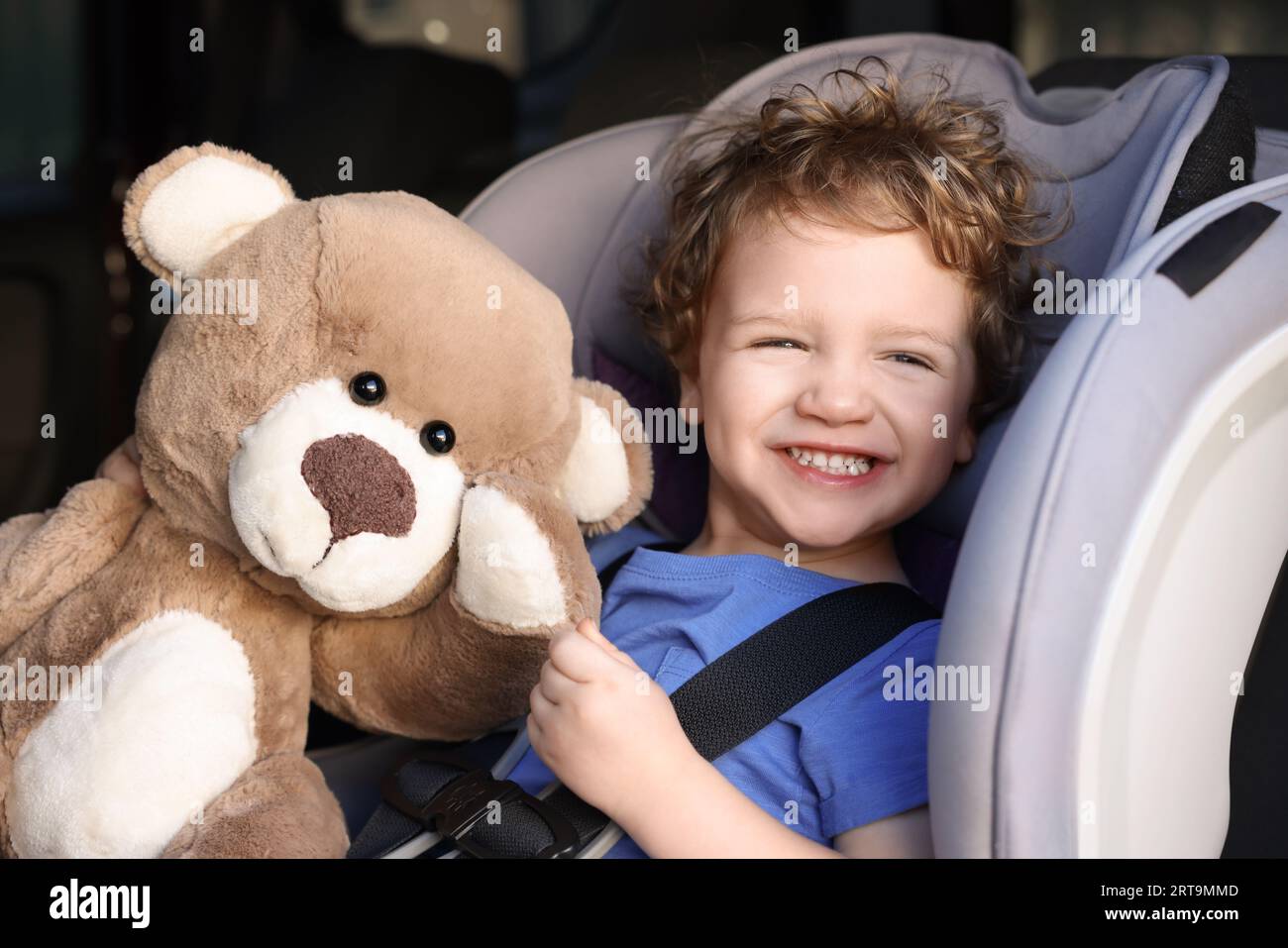 Cute little boy with teddy bear sitting in child safety seat inside car Stock Photo - Alamy