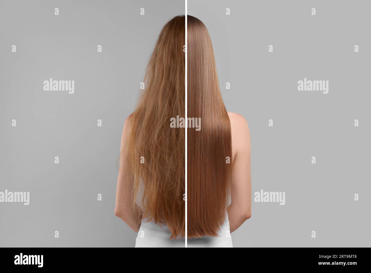 Photo of woman divided into halves before and after hair treatment on ...