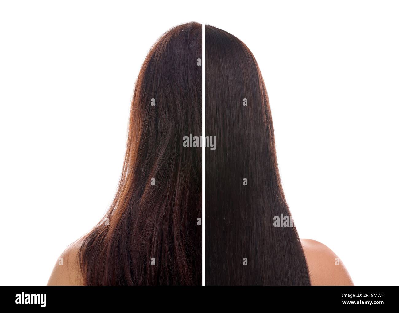 Photo of woman divided into halves before and after hair treatment on ...