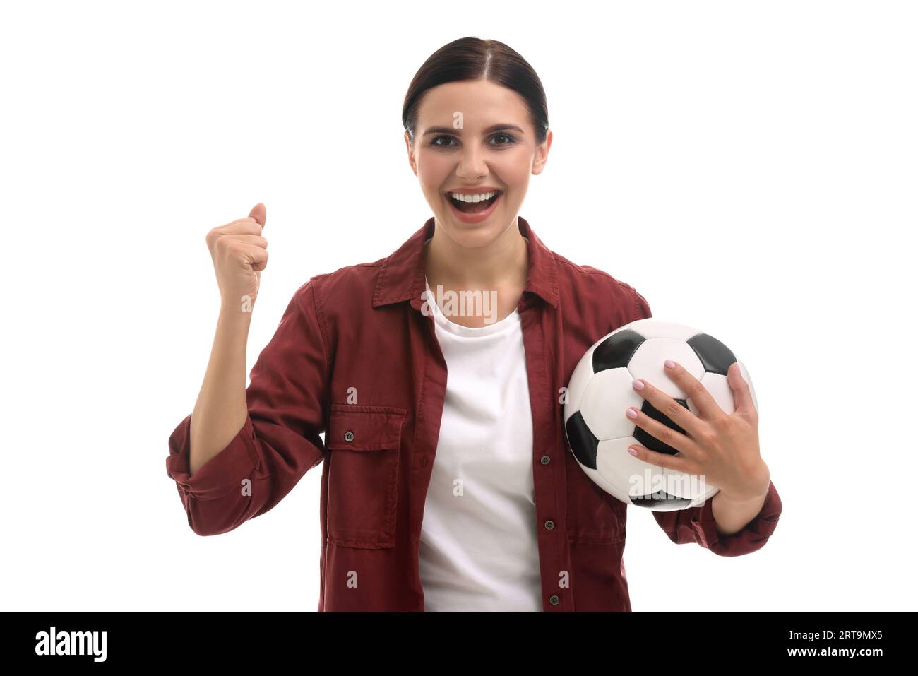 Emotional sports fan with soccer ball on white background Stock Photo ...