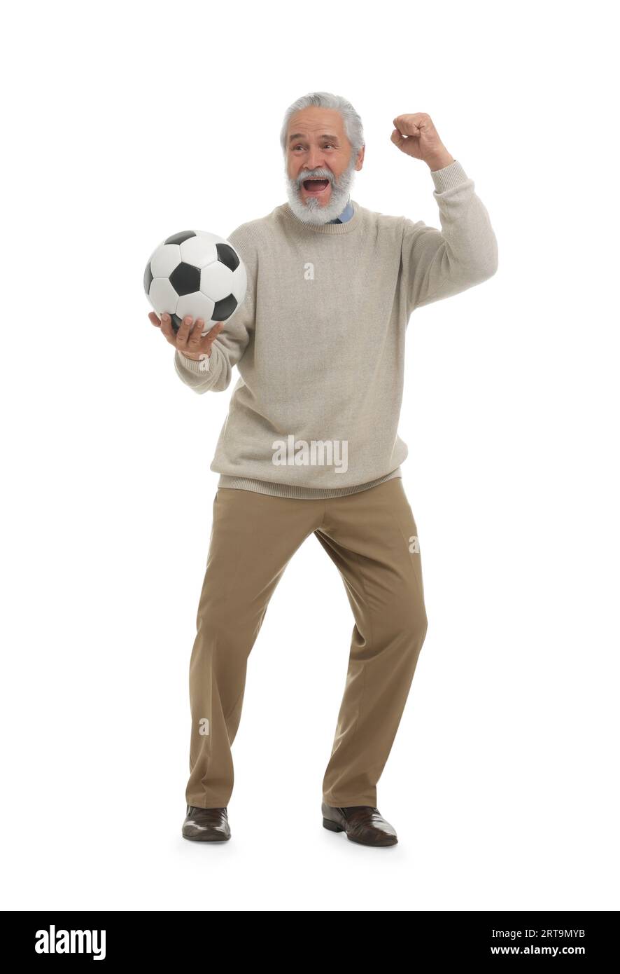 Happy senior sports fan with soccer ball isolated on white Stock Photo ...