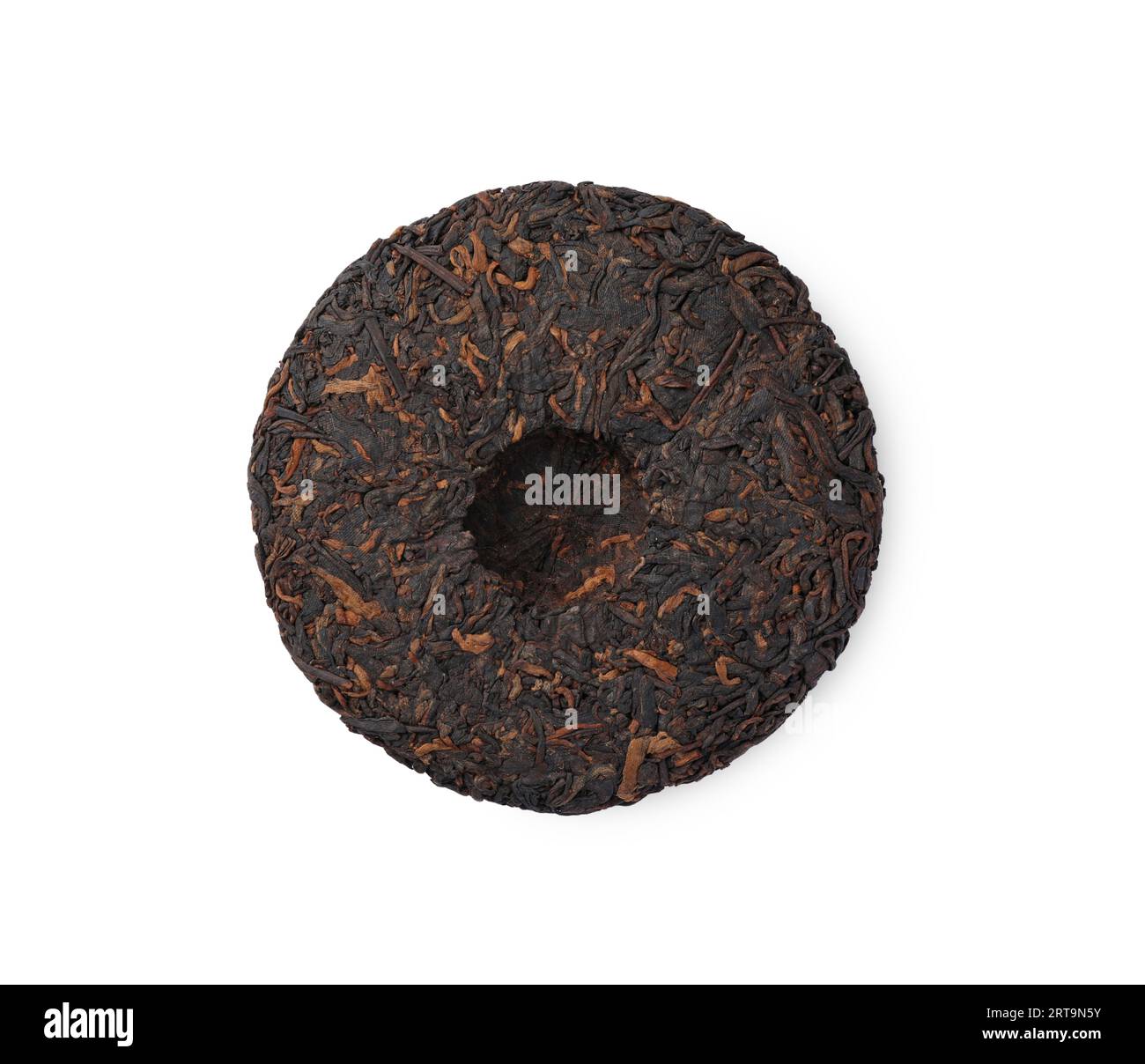 Disc shaped traditional Chinese pu-erh tea isolated on white, top view ...