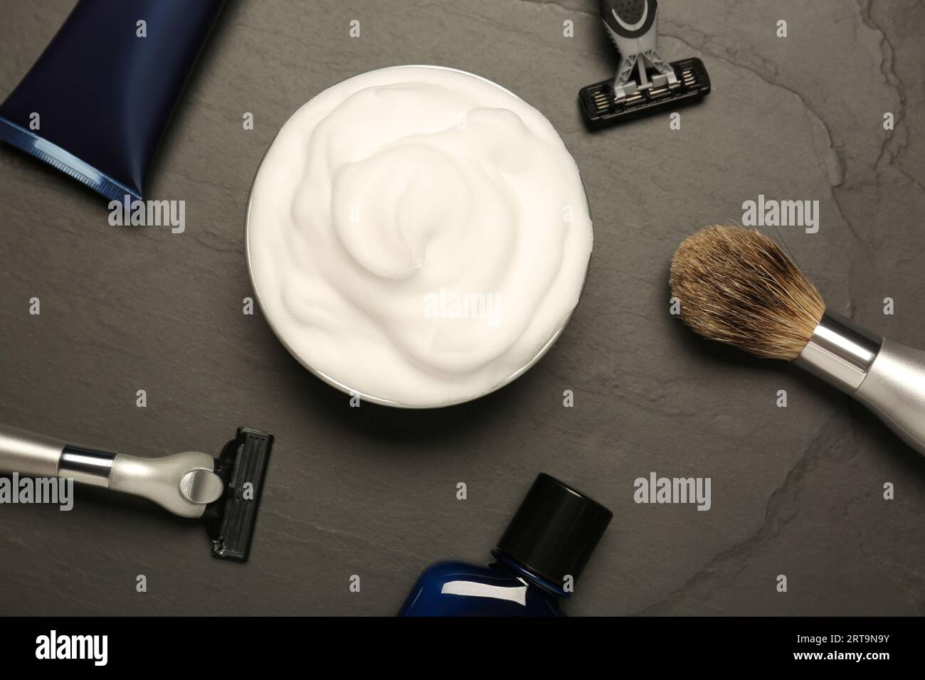 Set of men's shaving tools on black textured table, flat lay Stock ...