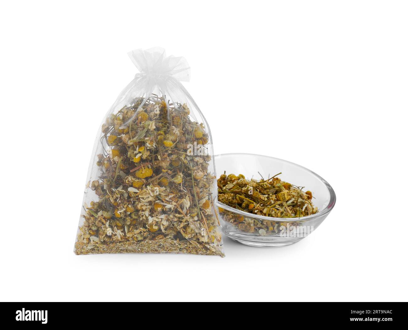 Scented sachet and bowl of dried flowers on white background Stock ...