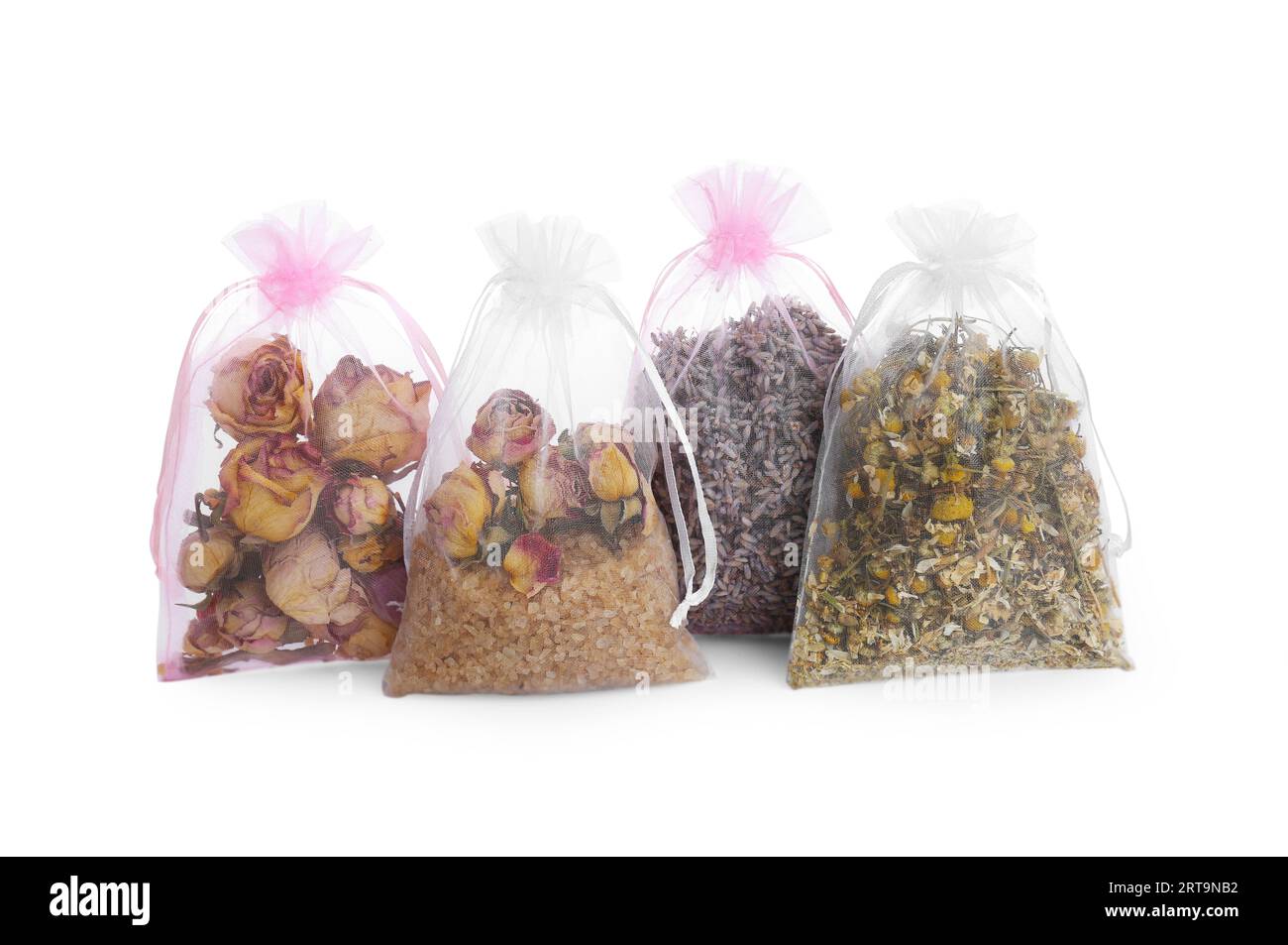 Scented sachets with dried flowers on white background Stock Photo - Alamy