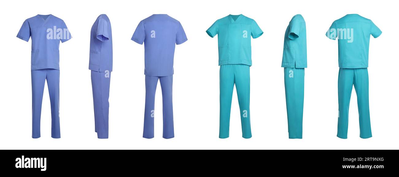 Blue and turquoise medical uniforms isolated on white, collage with ...
