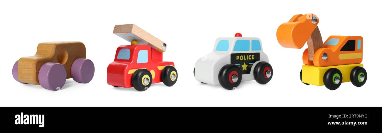 Set with different toy cars isolated on white Stock Photo - Alamy
