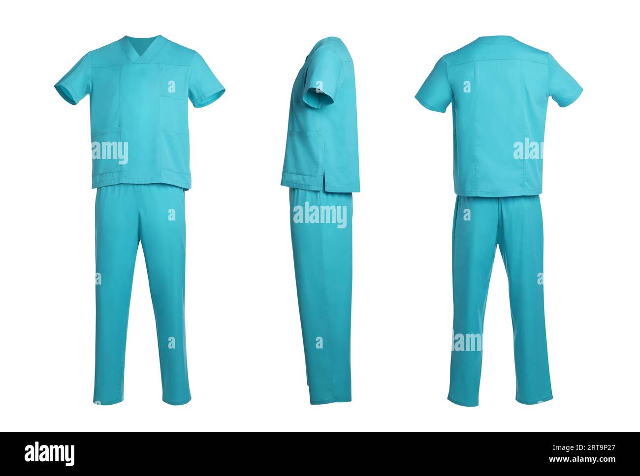 Turquoise medical uniform isolated on white, collage with back, side ...