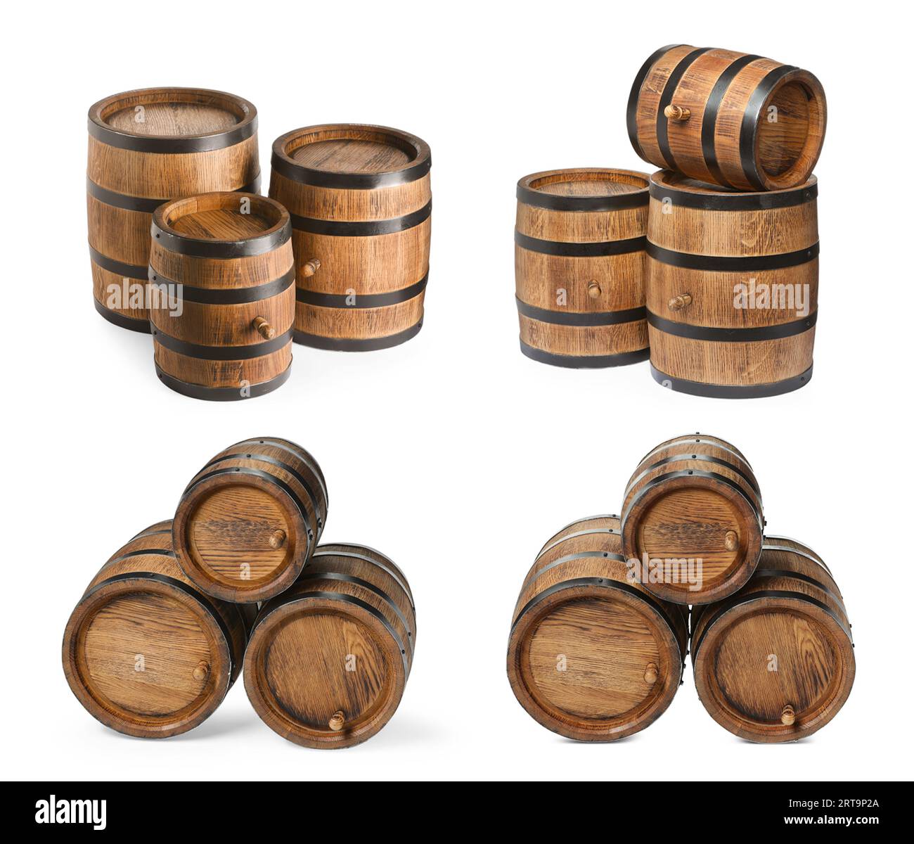 Collage with wooden barrels on white background Stock Photo - Alamy