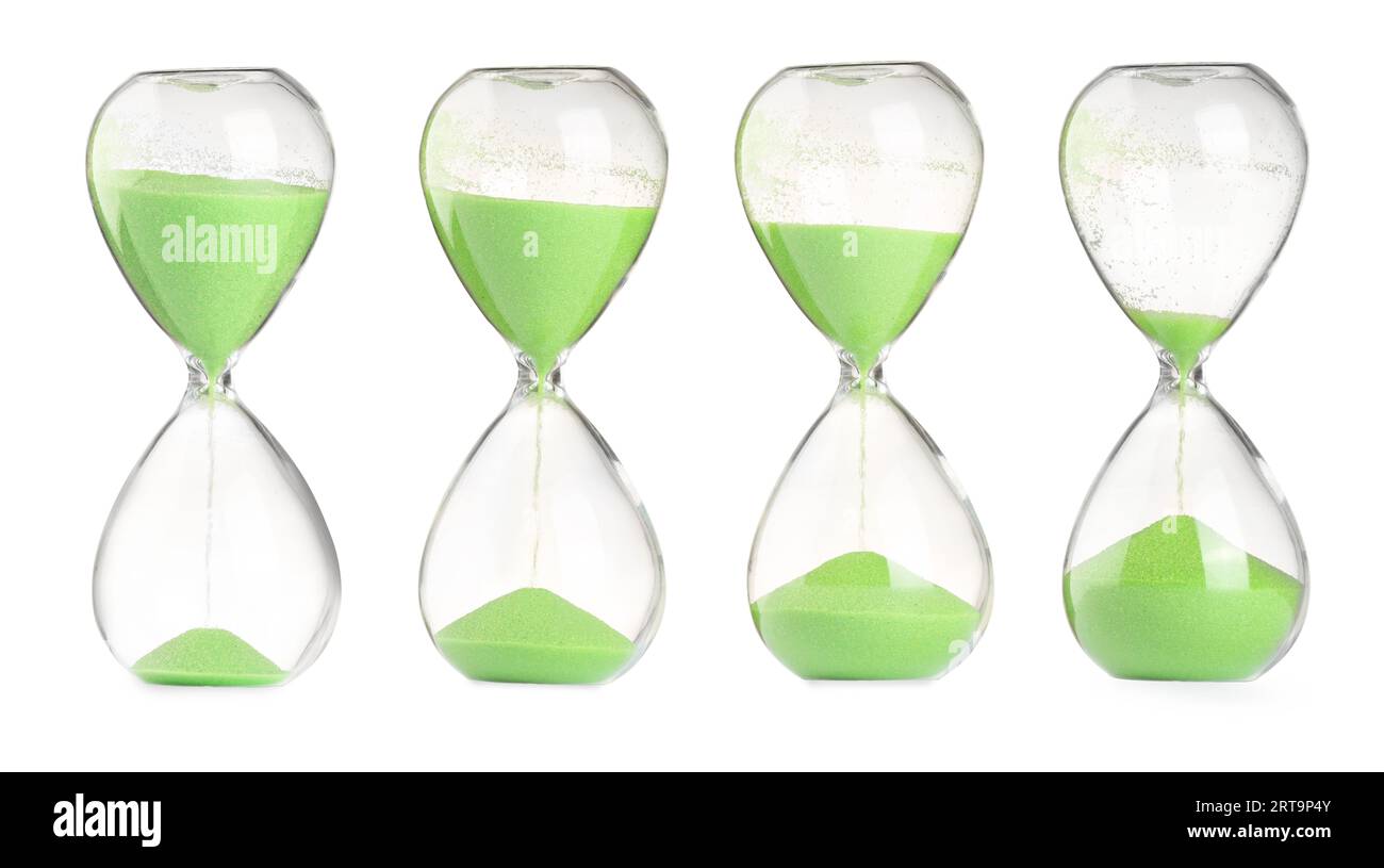 Passage of time. Hourglass with flowing sand on white background ...