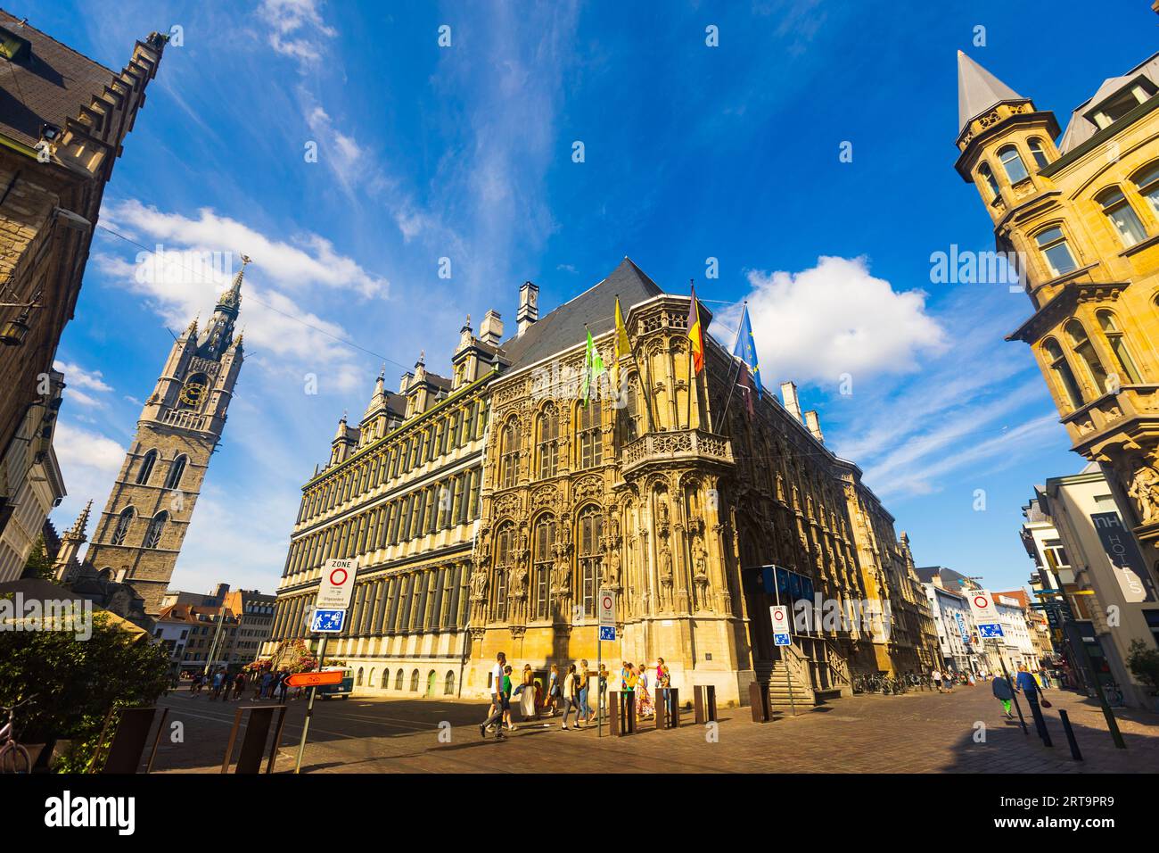 Botermarkt square of Ghent with City Hall and medieval belfry Stock ...