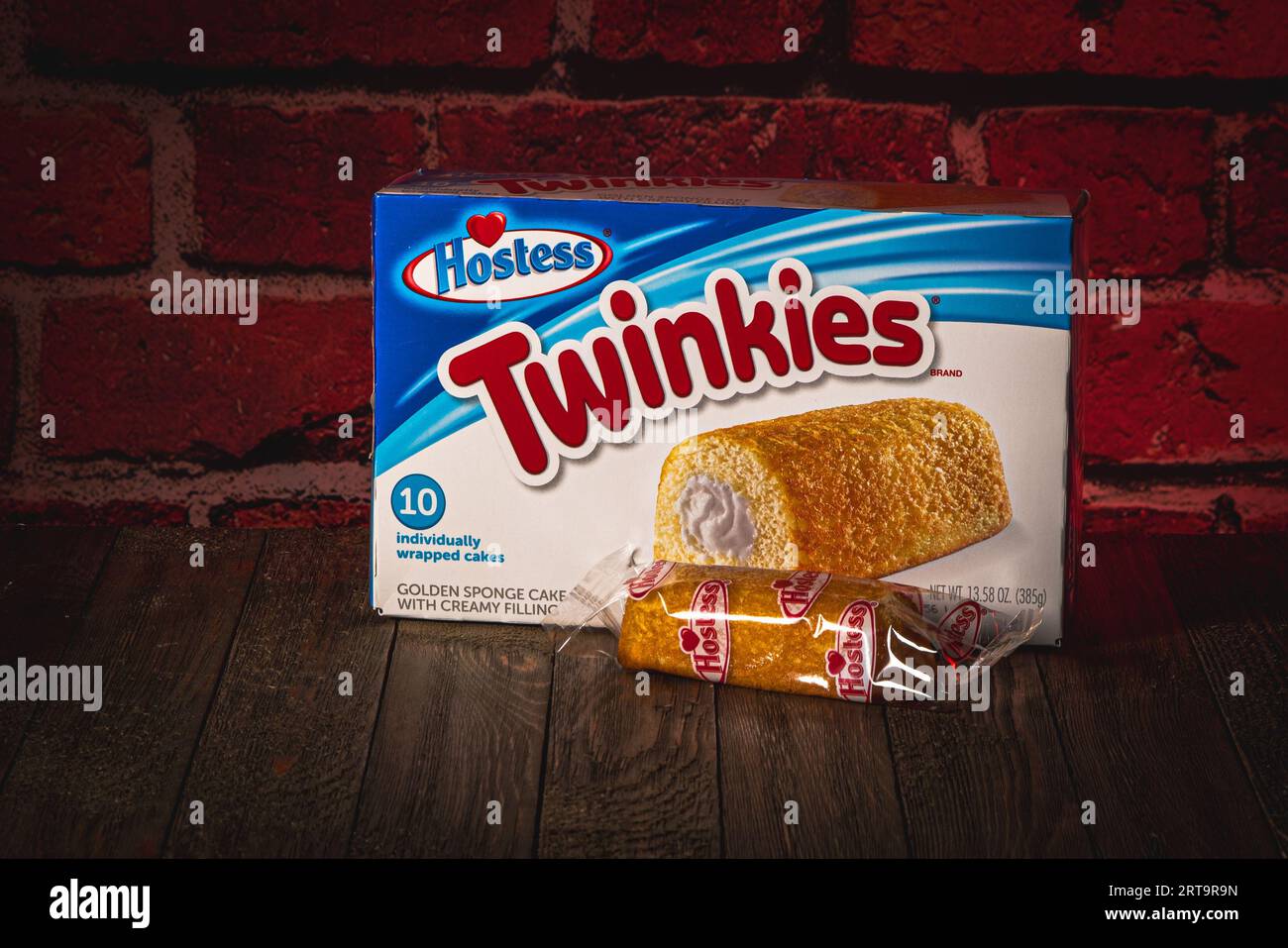 Shiloh, IL—Sept 11, 2023; box of Hostess brand Twinkies sits on wooden ...