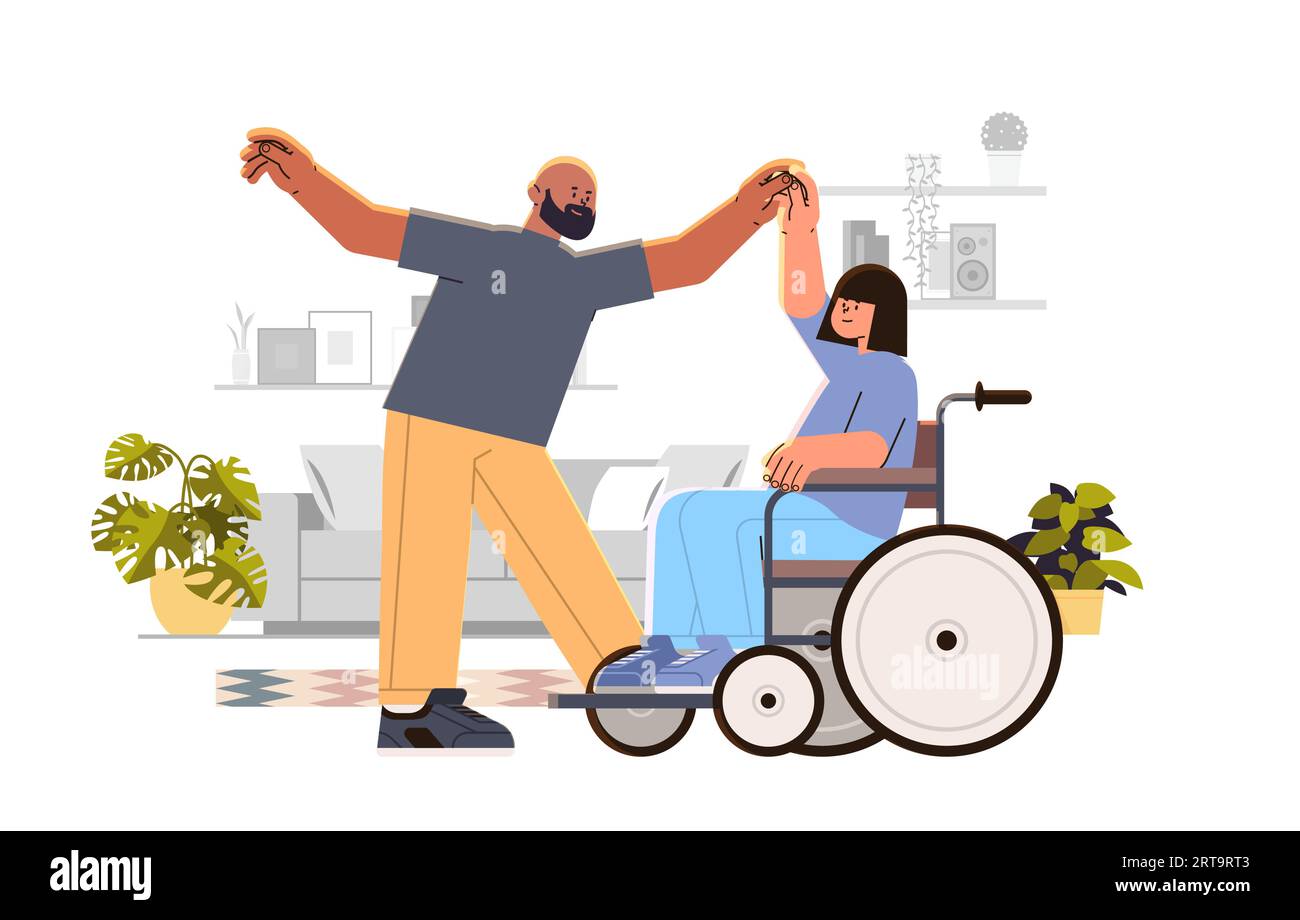 disabled woman sitting in wheelchair and dancing with man people with ...