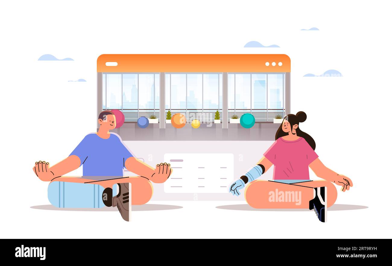 Man Woman With Replaced Robotic Implants Or Prosthesis Body Parts Sitting Lotus Pose Disabled