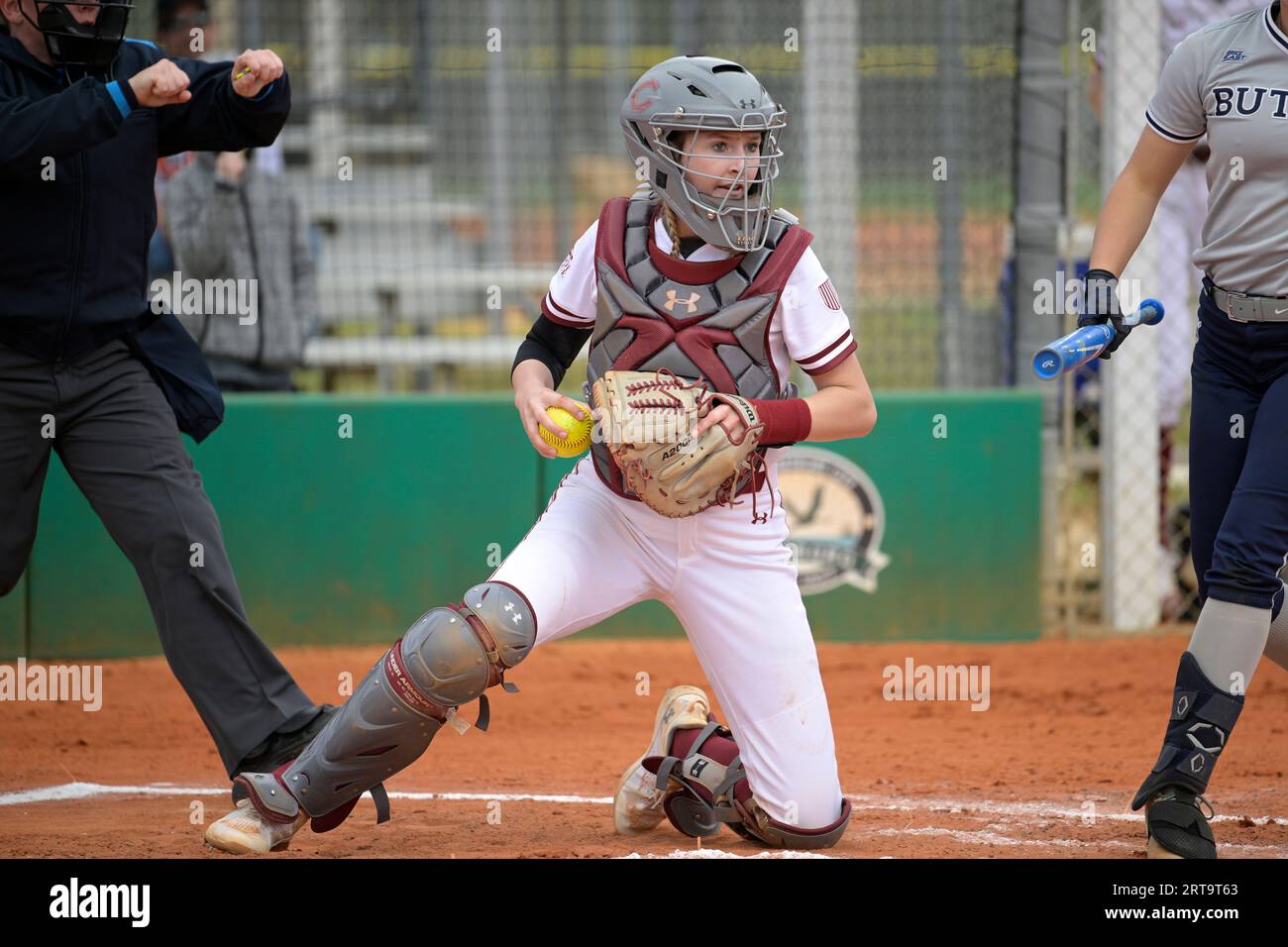 Colgate catcher Quinn Livesay sets up to throw during an NCAA college ...
