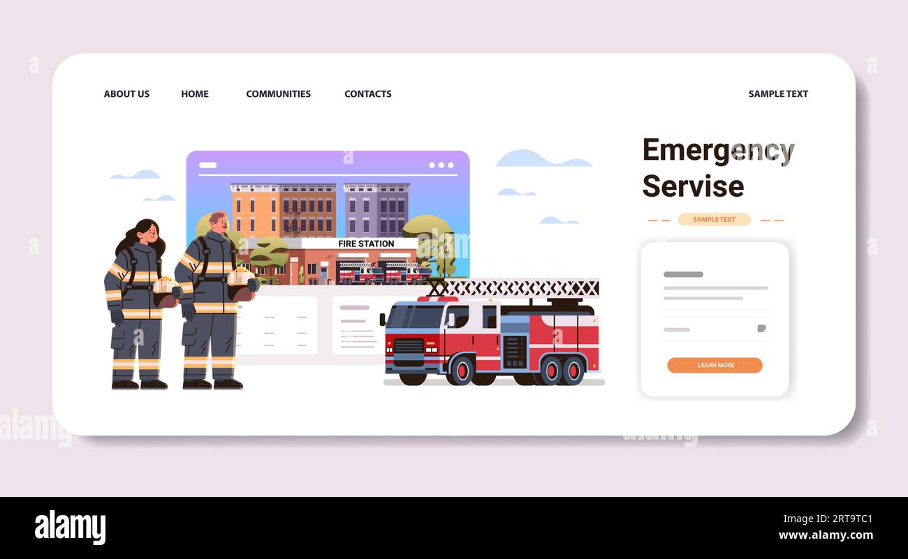 firefighters in uniform standing near fire station building department ...