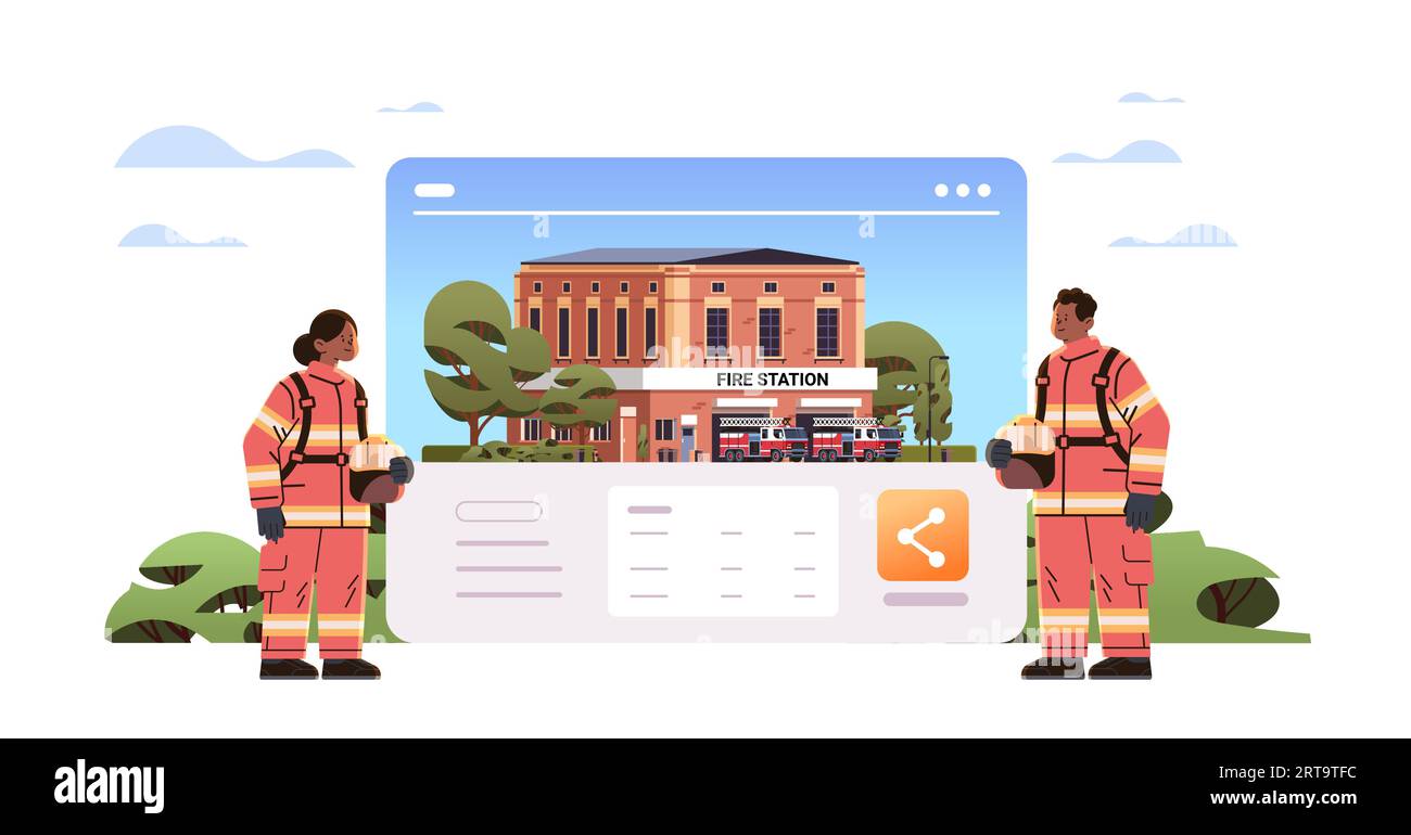 firefighters in uniform standing near fire station building department ...